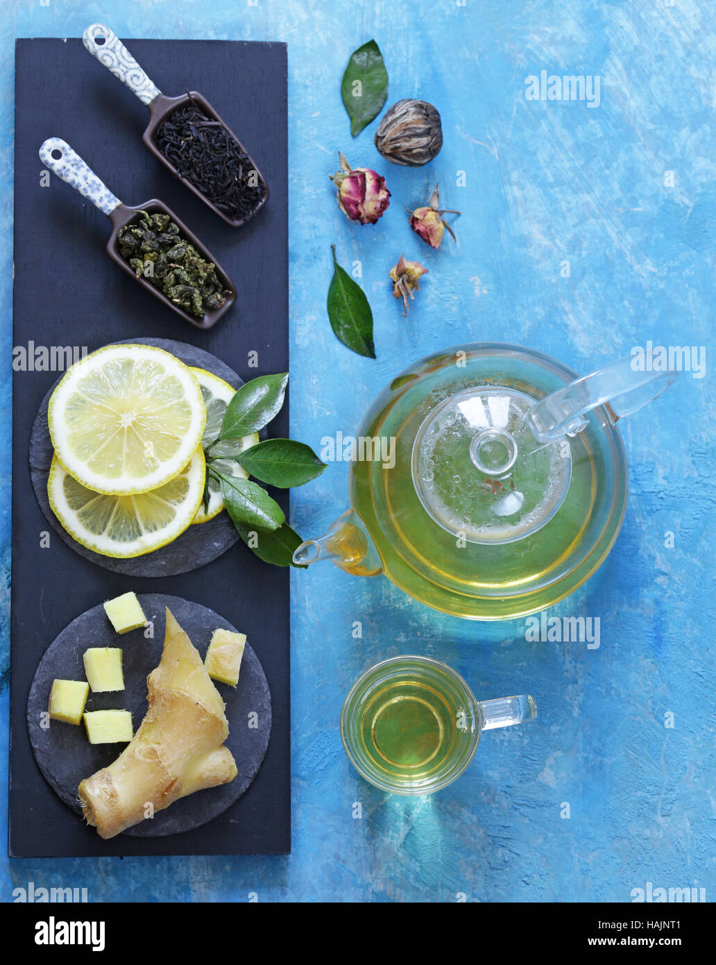 Tea set with ginger, lemon and honey Stock Photo - Alamy