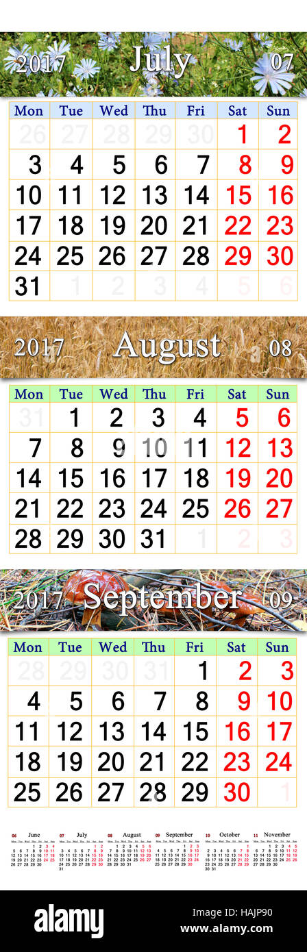 calendar for three months July August and September 2017 with images of ...