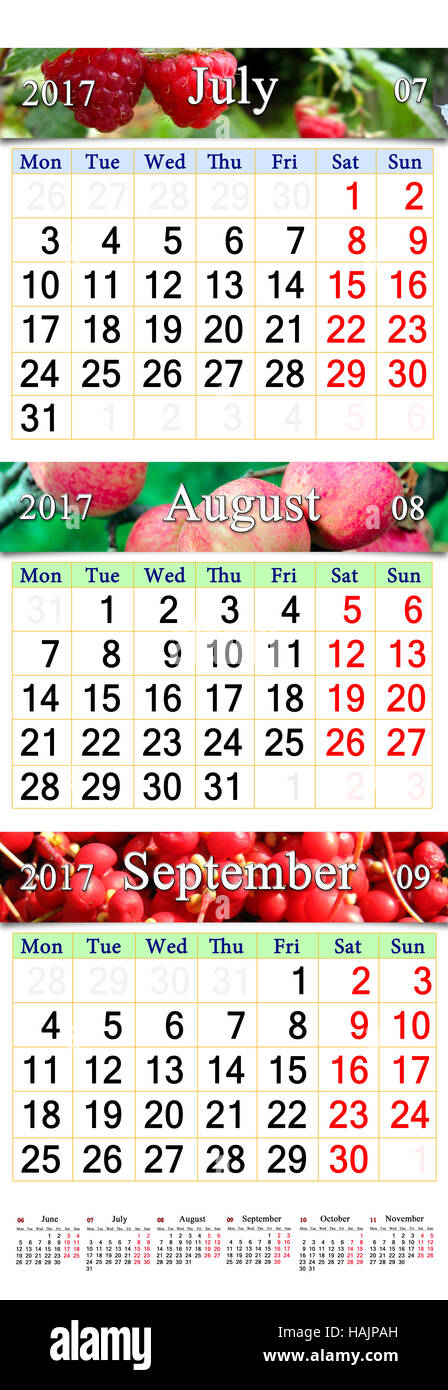calendar for three months July August and September 2017 with images of ...