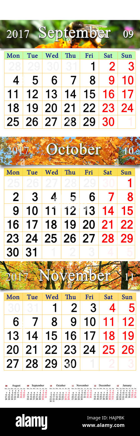 triple calendar for September October November 2017 with colored ...