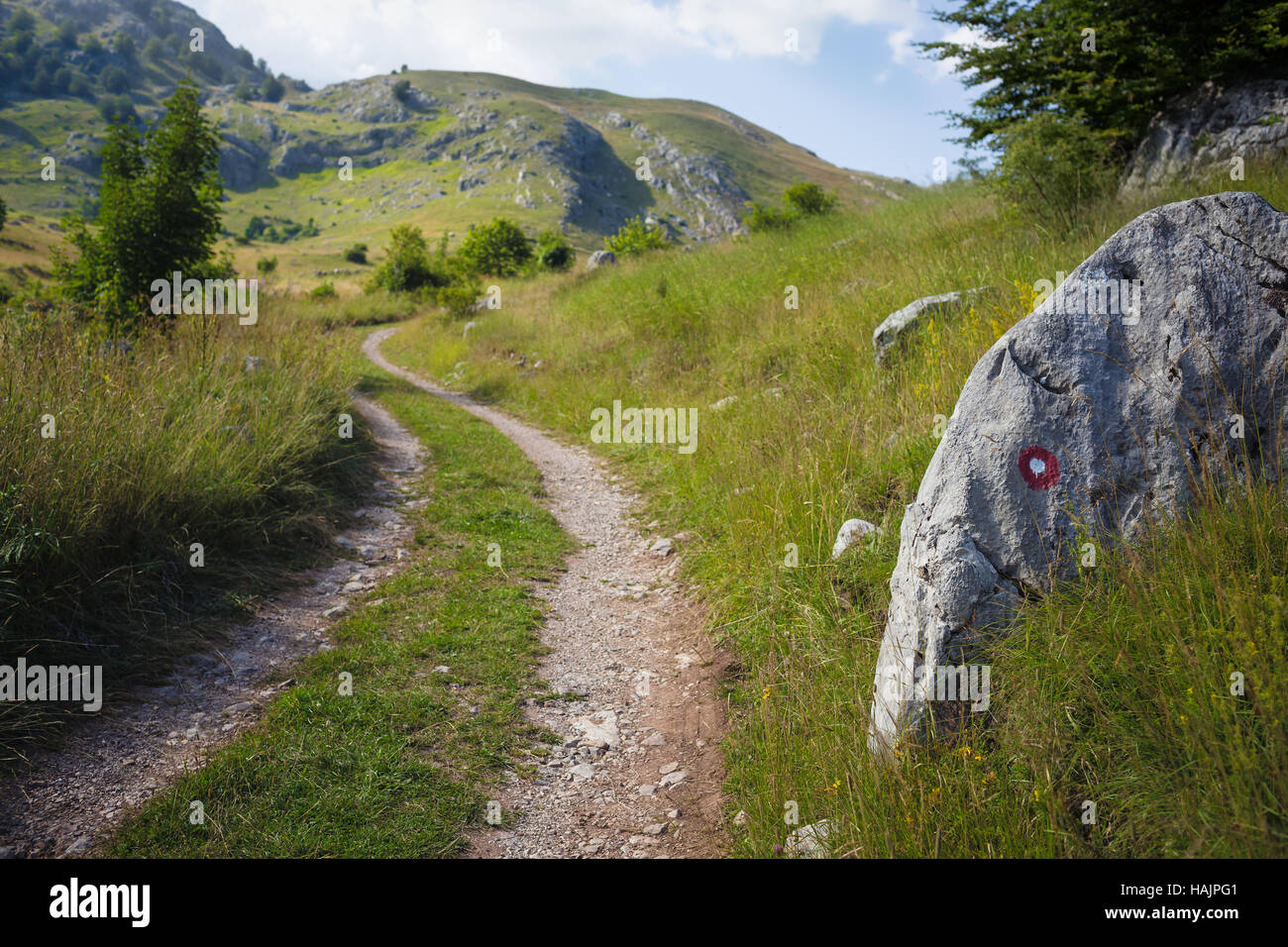 Painted trail mark on a rock in mountains Stock Photo - Alamy