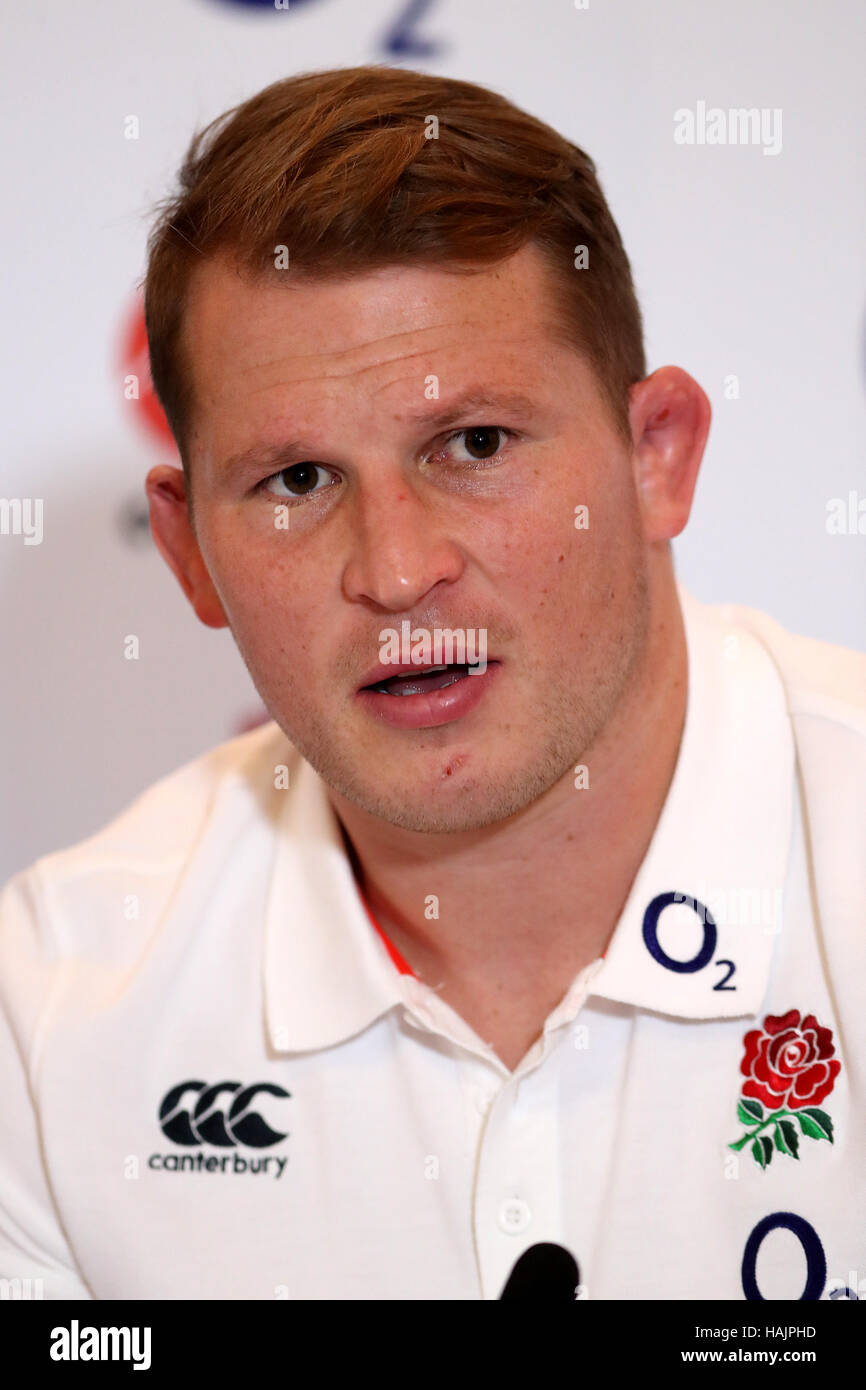 England's Dylan Hartley during a press conference at Pennyhill Park ...