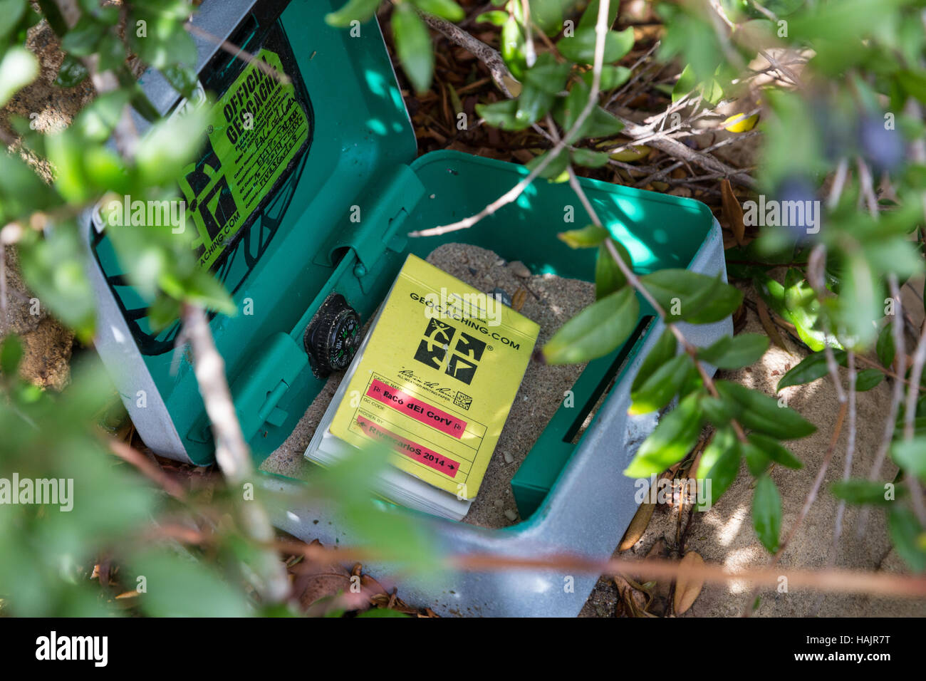Geocache box with notepad close up Stock Photo - Alamy