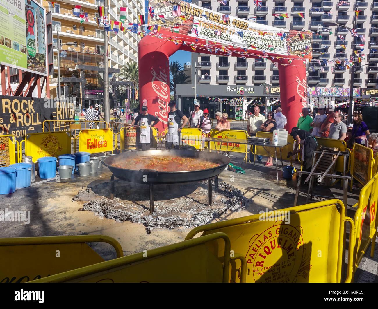 British fancy dress street party in Benidorm, Spain. Free paella ...