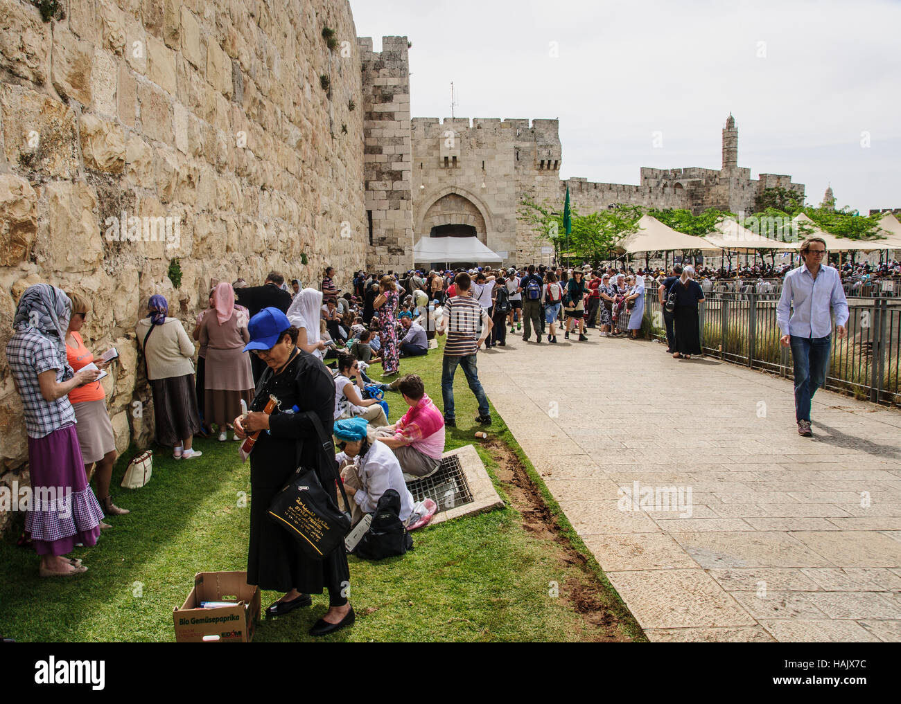 JERUSALEM - APRIL 19, 2014: A crowd of pilgrims outside the Jaffa Gate ...