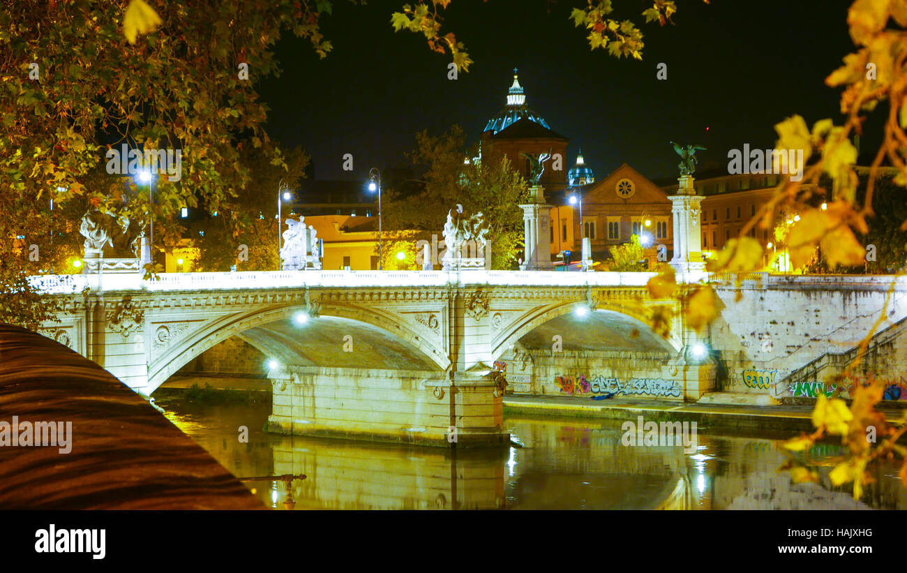 The illuminated bridges over River Tiber in Rome - great night view ...