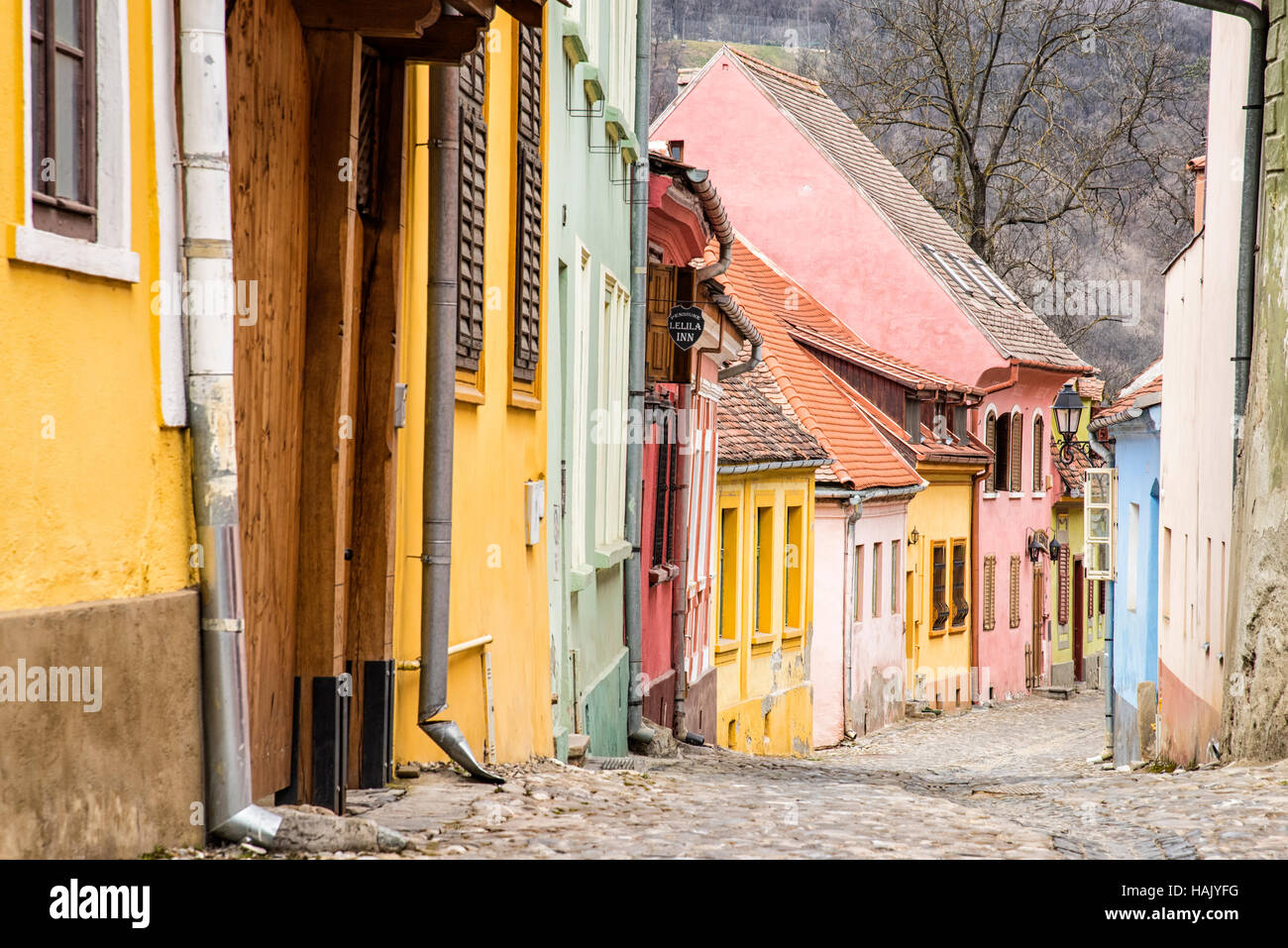Streets of the medieval town Sighisoara, Transylvania, Romania Stock ...