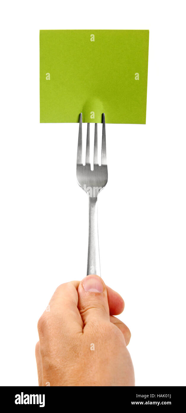 hand hold fork with blank paper card isolated on white Stock Photo - Alamy