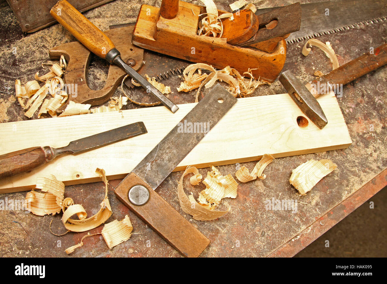 old vintage construction tools on the workbench Stock Photo - Alamy