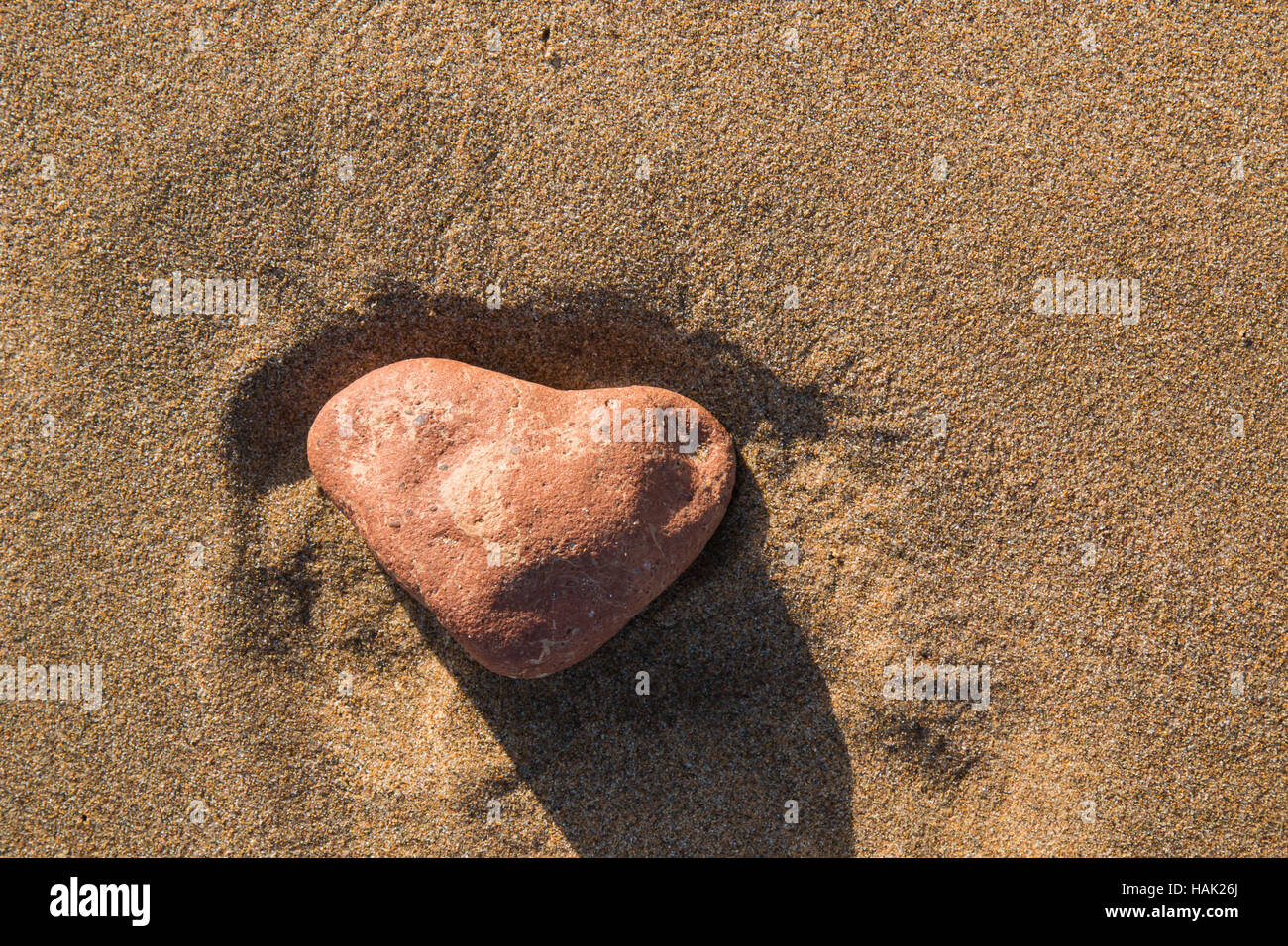 Red colored stone washed from the ocean on the sandy beach. Enlightened ...