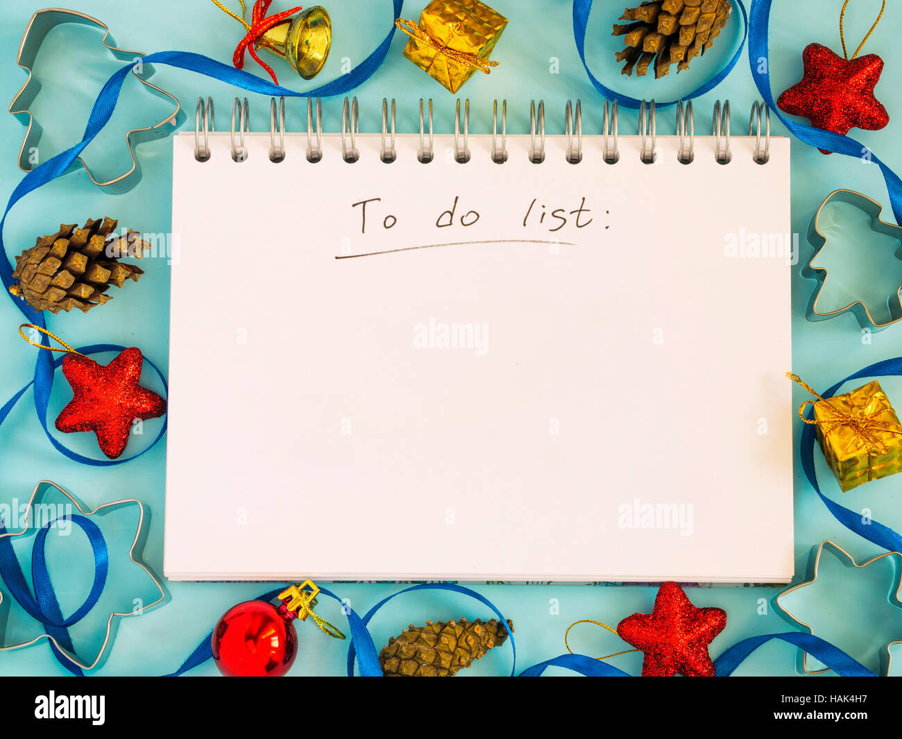 Christmas background with to-do list and decorations. Copy space. Top ...