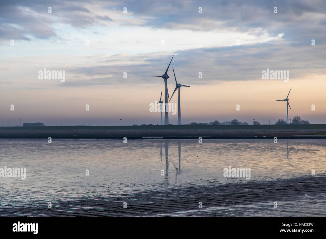 Wind energy park at the German north sea coast, near Neuharlingersiel ...