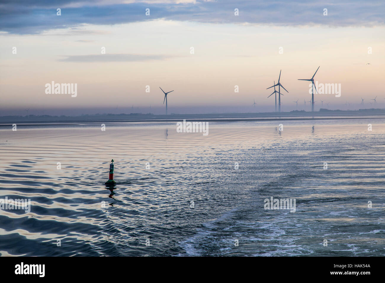 Wind energy park at the German north sea coast, near Neuharlingersiel ...