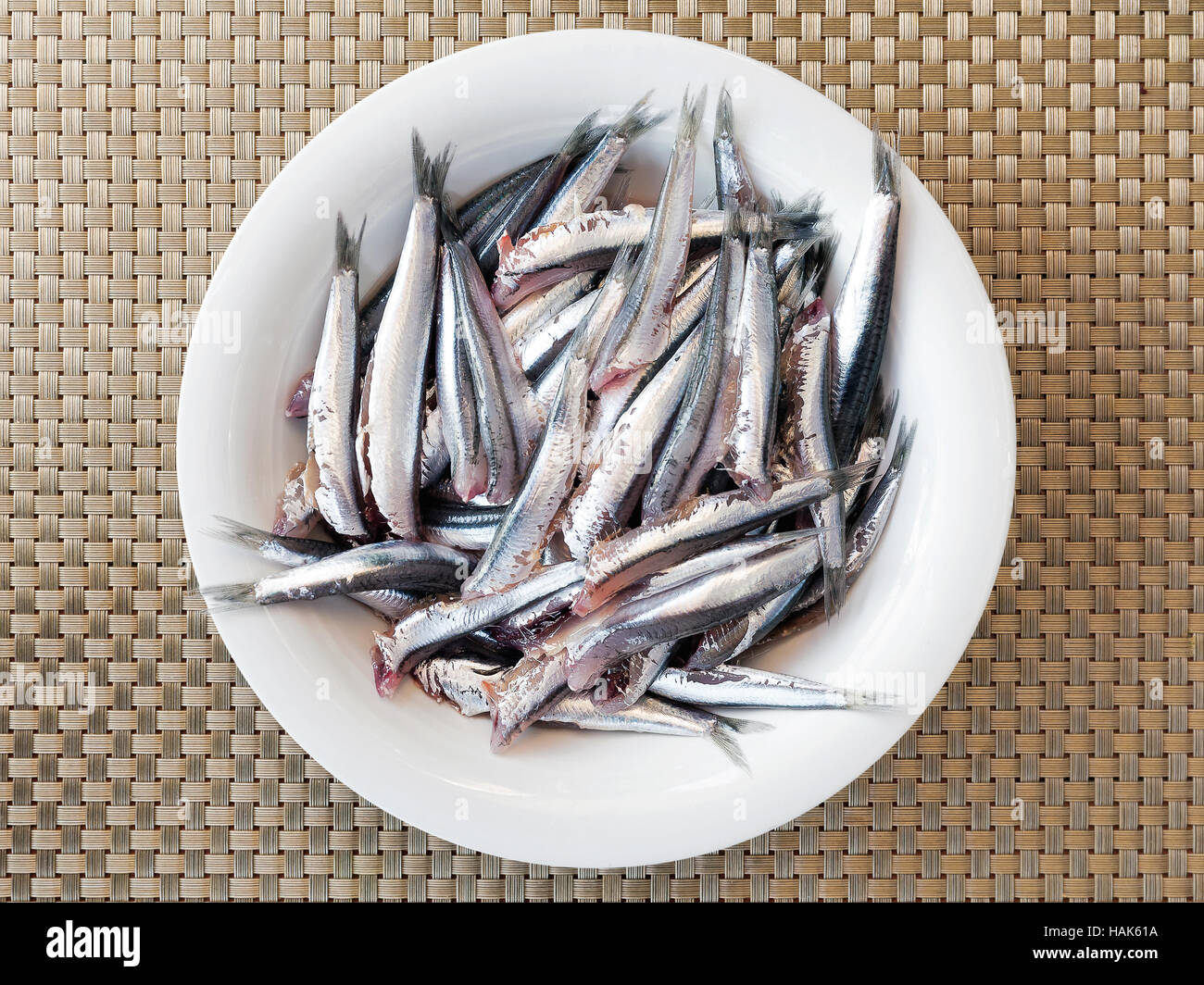 Anchovies headless, cleaned, prepared and ready in the pot, before ...
