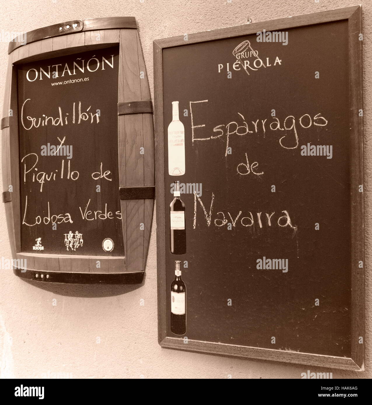 Outdoor menu in Nararra, Spain, advertising some of its local products ...