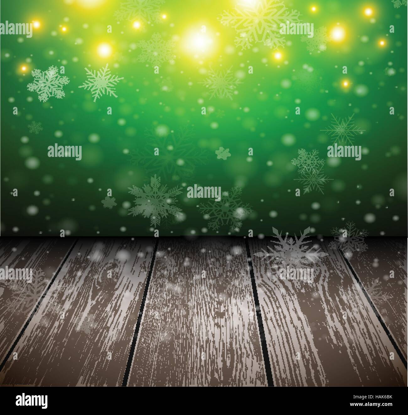 Christmas background, 3D wooden board and snow with glowing lights ...