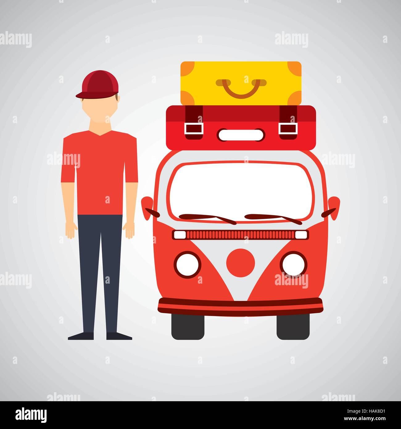 man red cap vintage van camper suitcases vector illustration eps 10 ...