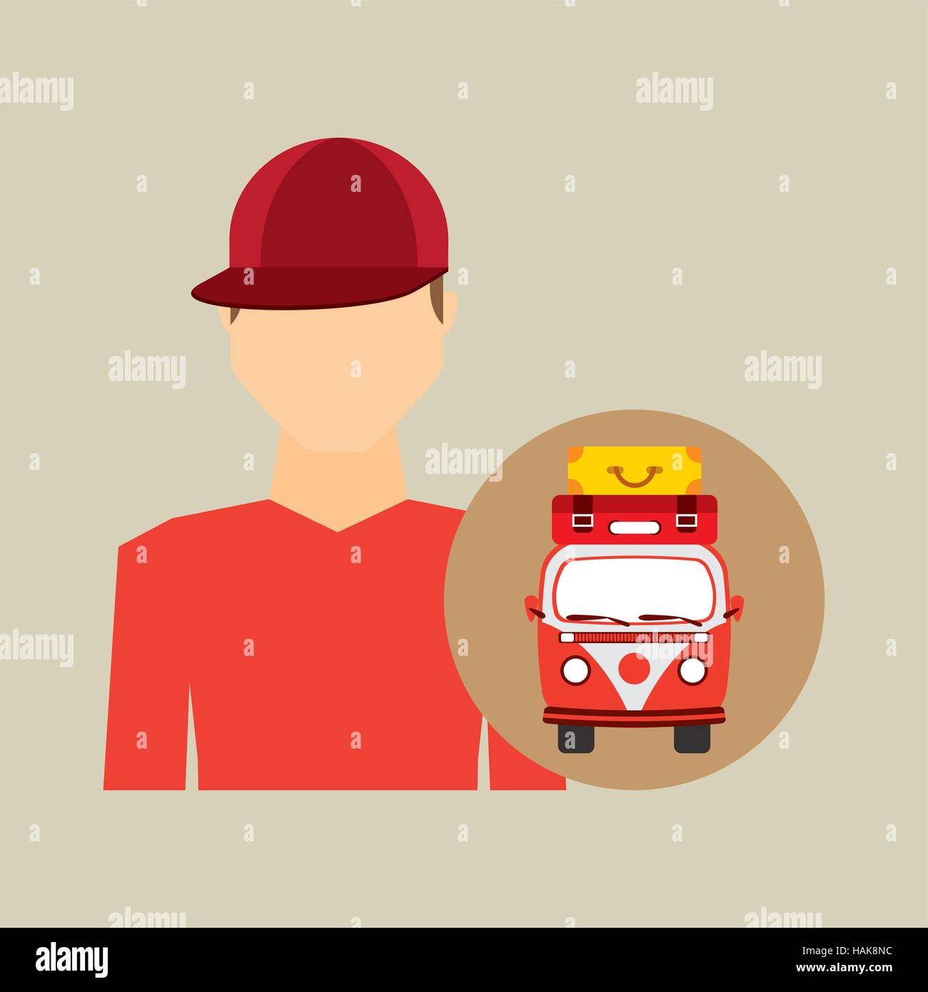 man red cap vintage van camper suitcases vector illustration eps 10 ...