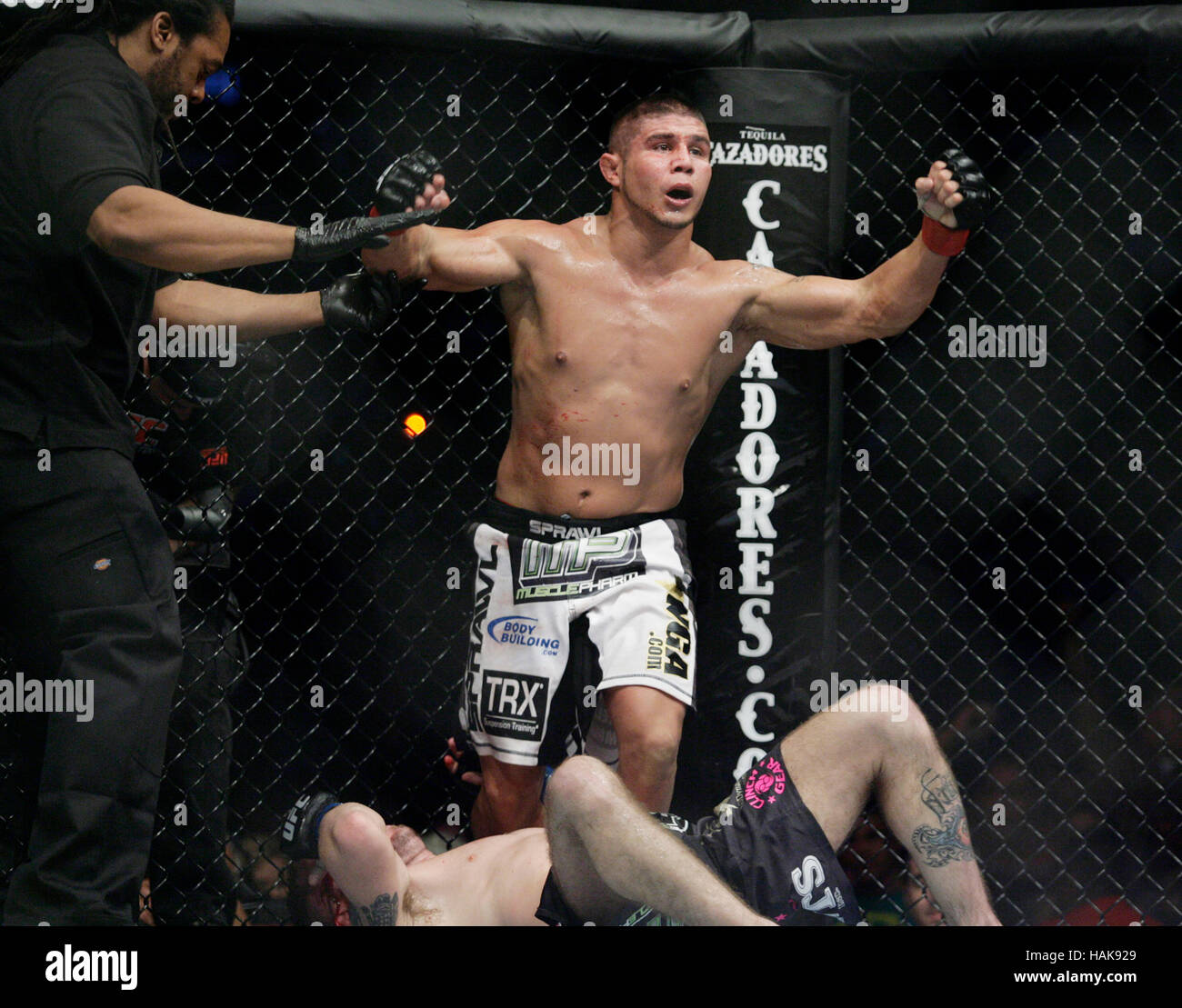 Joe Stevenson, top, celebrates after beating Spencer Fisher at UFC 104 ...