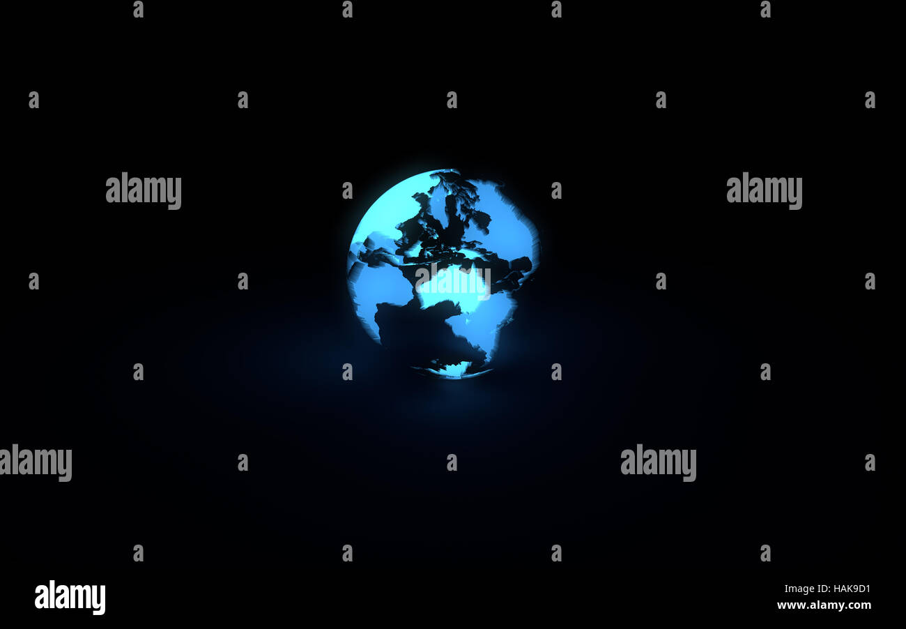 Abstract 3d model of blue glowing earth globe on black background ...