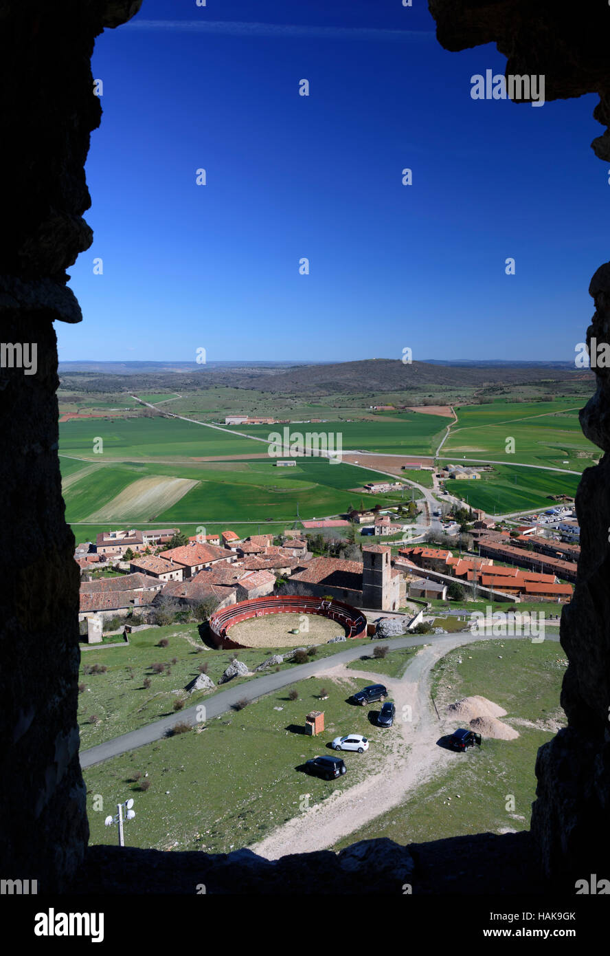 Atienza. Spain. View from the castle on the old village with its arena ...