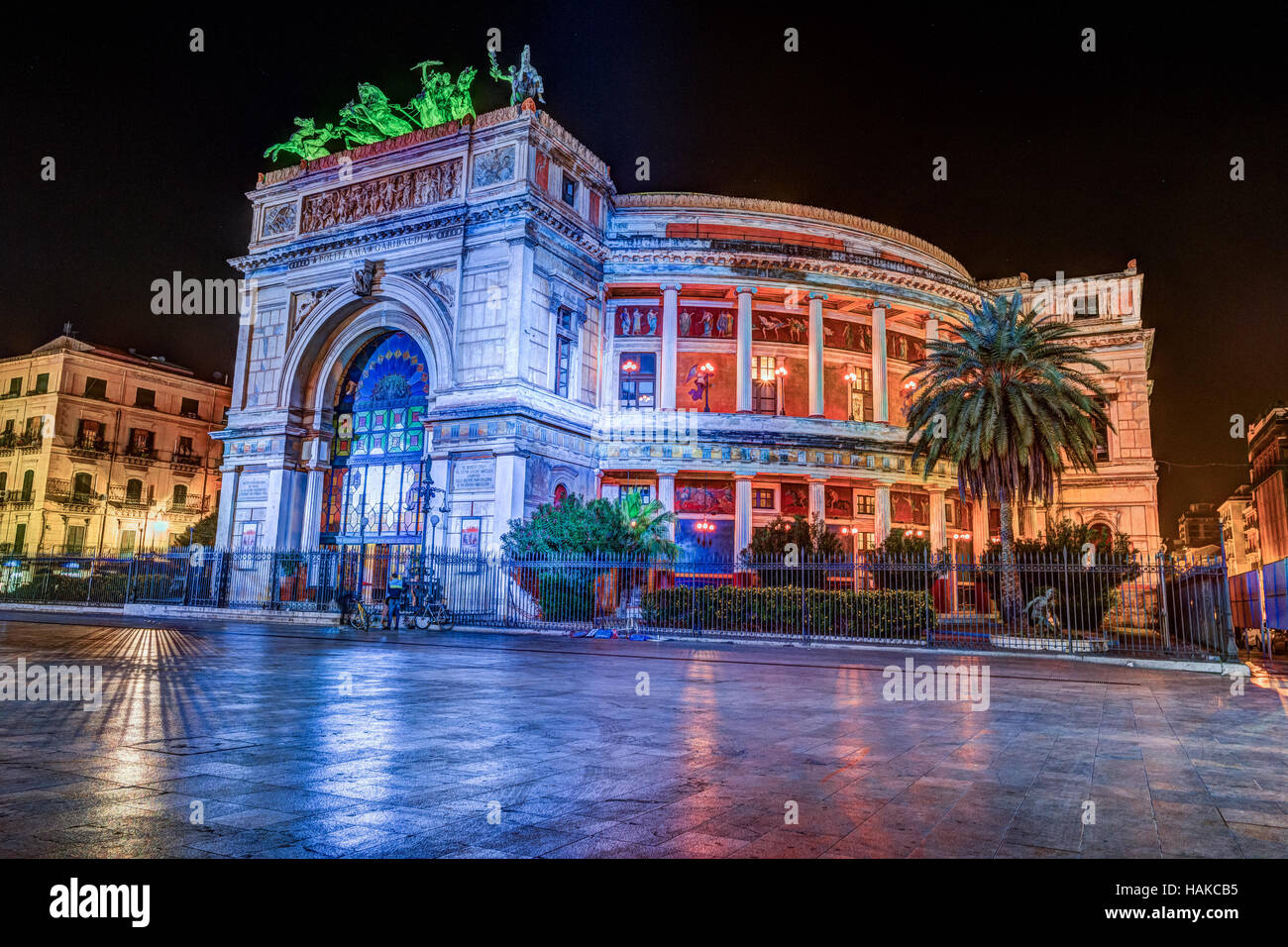 Night view of the Politeama Garibaldi theater in Palermo Stock Photo ...