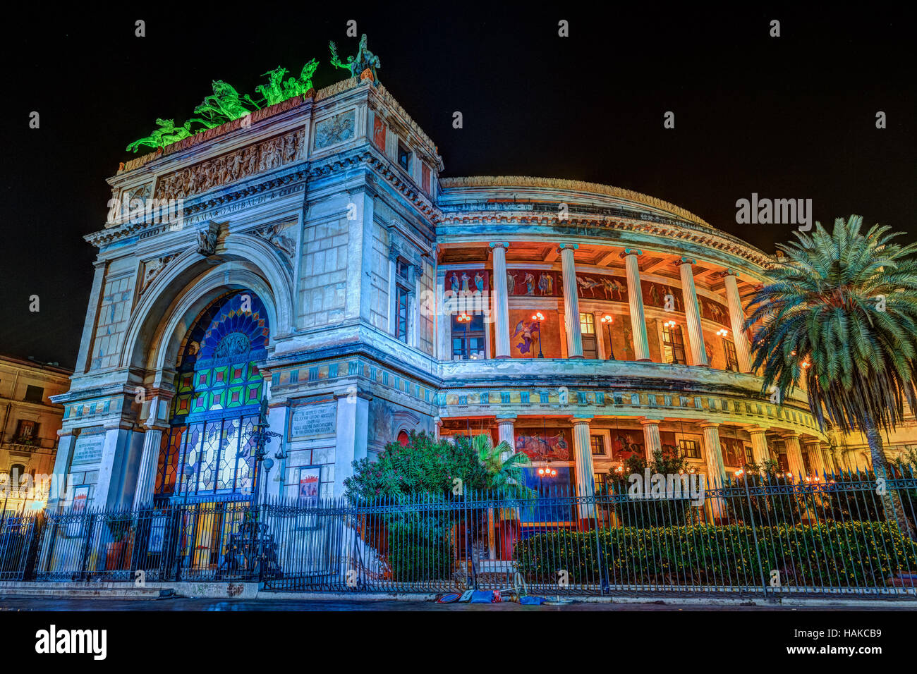 Night view of the Politeama Garibaldi theater in Palermo Stock Photo ...