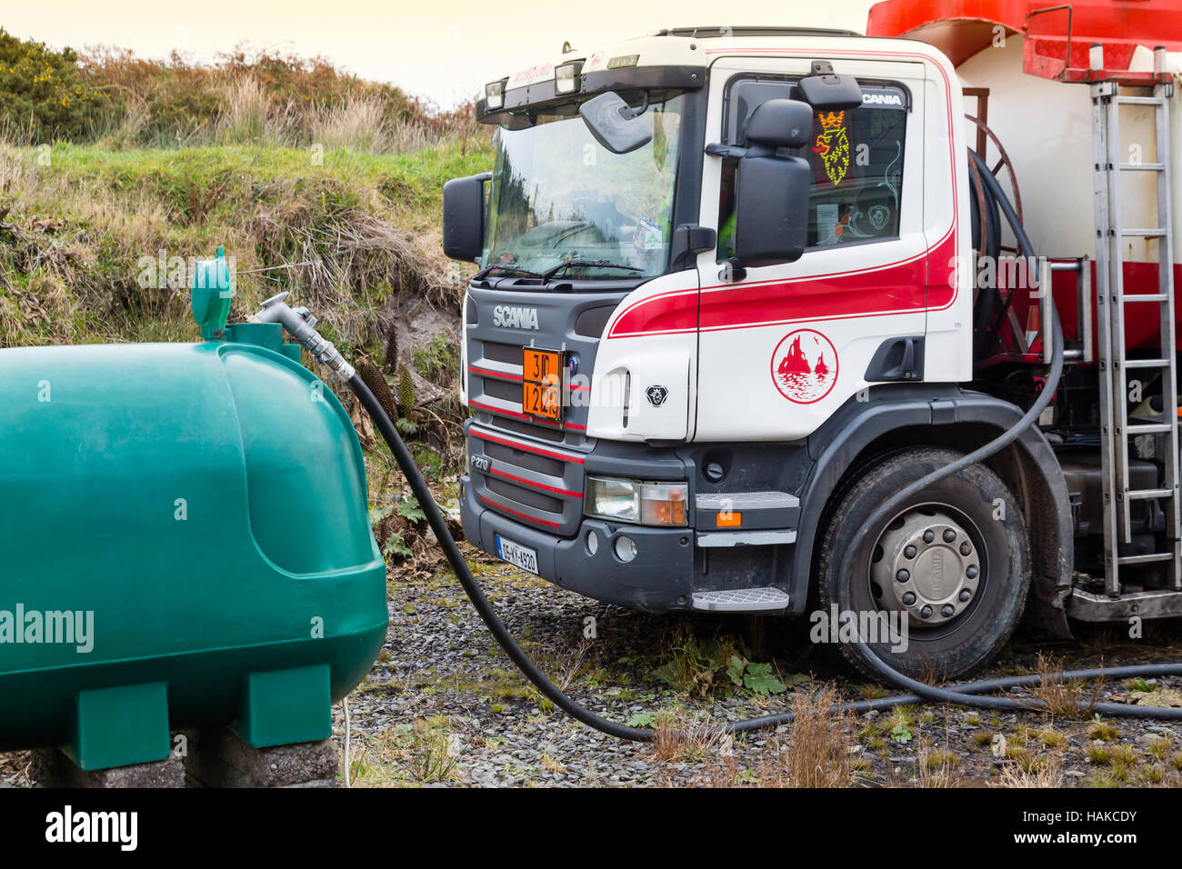 Domestic heating oil tank being filled from tanker truck, Ireland Stock ...