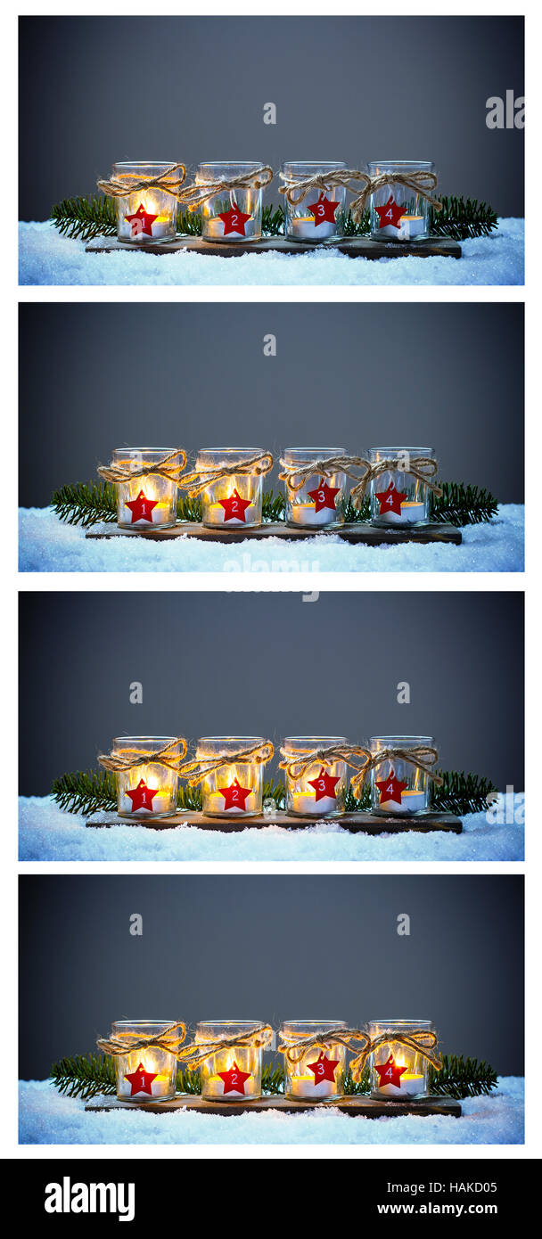 Four Advent candles in the snow, collage Advent Stock Photo - Alamy