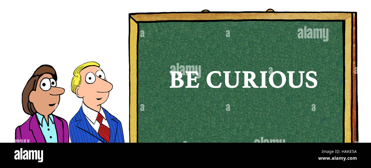 Color business illustration of the words 'be curious' and two ...