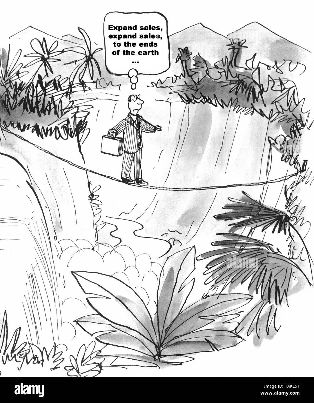 Black and white business cartoon to expand sales to the ends of the ...