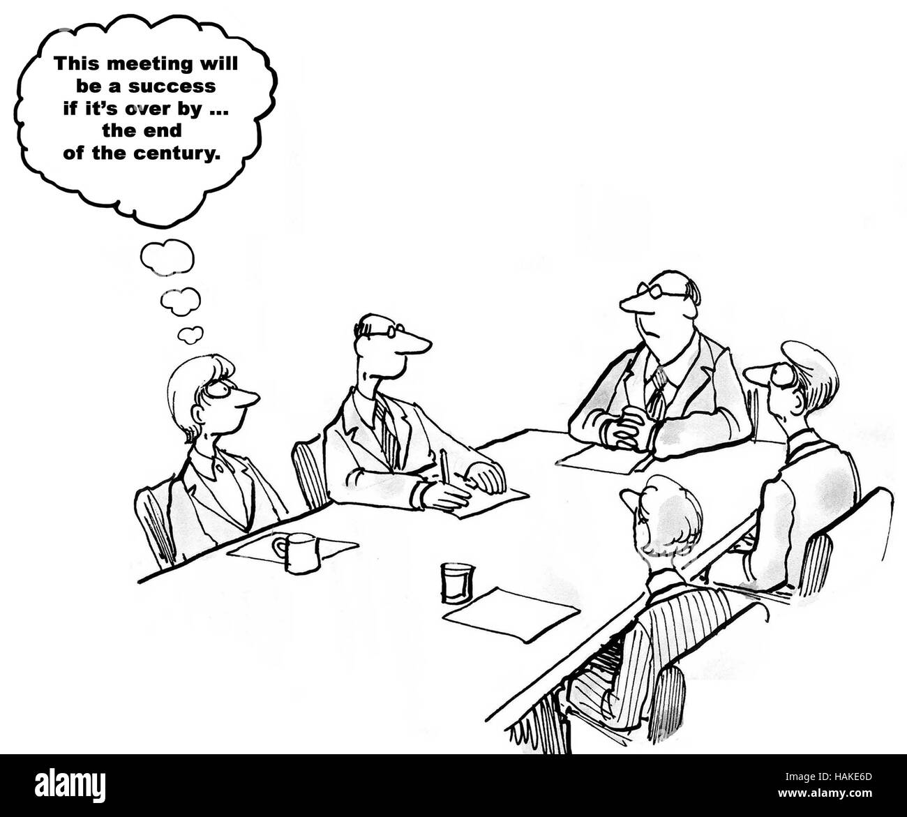 Black and white business cartoon about a meeting lasting way too long ...