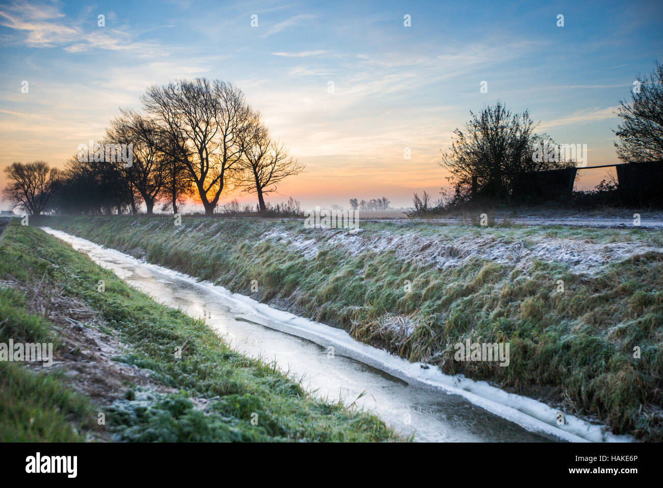 The frozen Cambridgeshire Fens near Ely on the first day of the ...