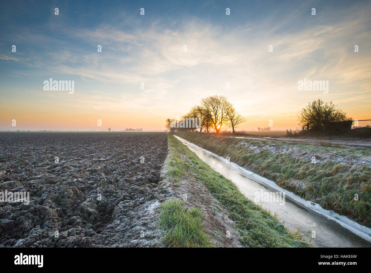 The frozen Cambridgeshire Fens near Ely on the first day of the ...