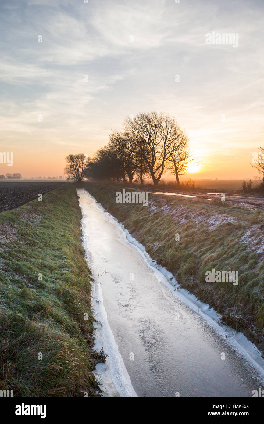 The frozen Cambridgeshire Fens near Ely on the first day of the ...