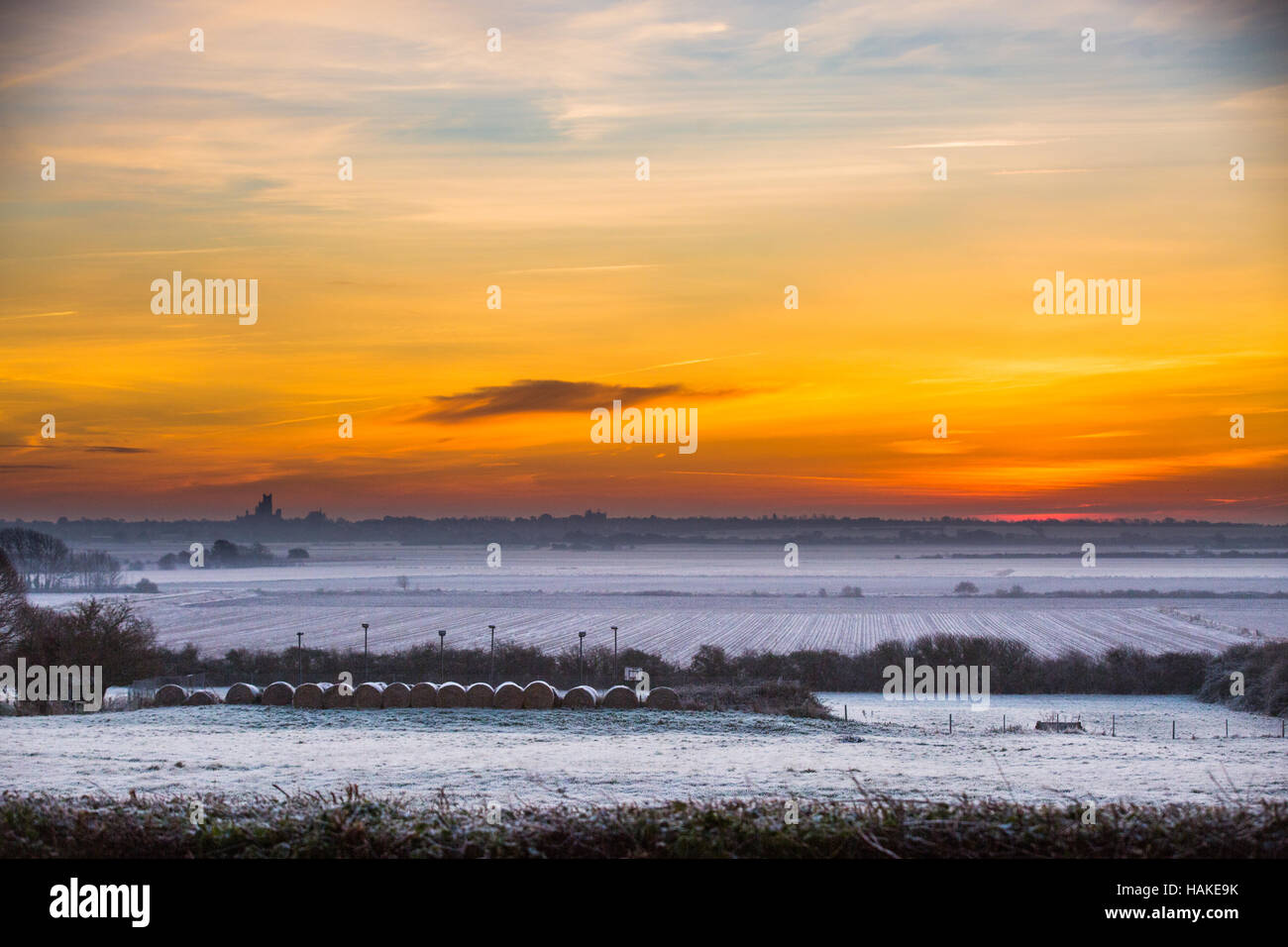 The frozen Cambridgeshire Fens near Ely on the first day of the ...