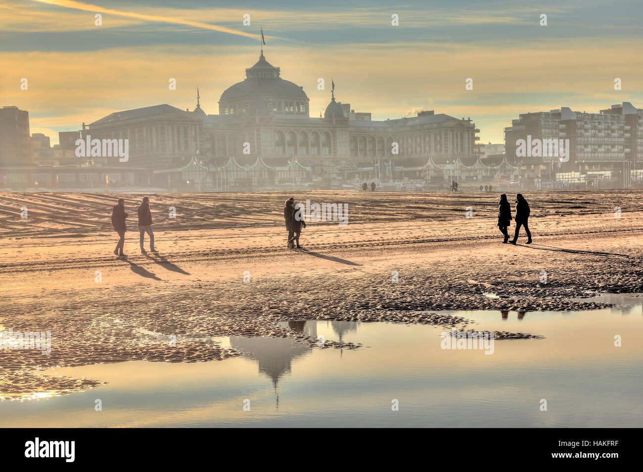 Seafront of Scheveningen with Kurhaus reflections in the water. Graphic ...