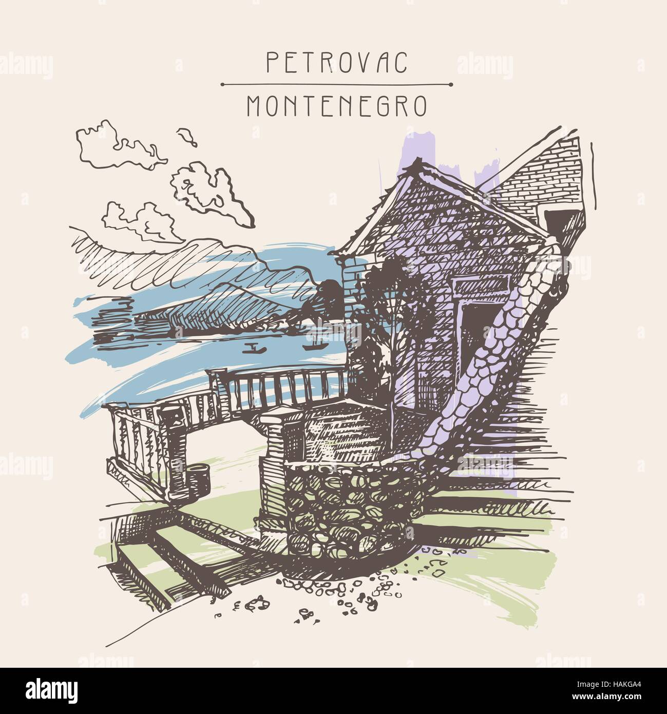 original sepia ink sketch drawing of ancient fort in Petrovac Mo Stock ...