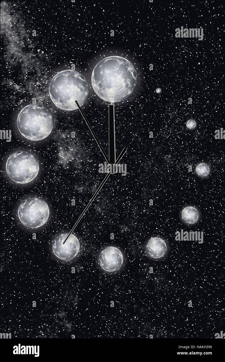 Analog clock face with hands on night sky shows five minutes to twelve ... Analog clock face with hands on night sky shows five minutes to twelve ...