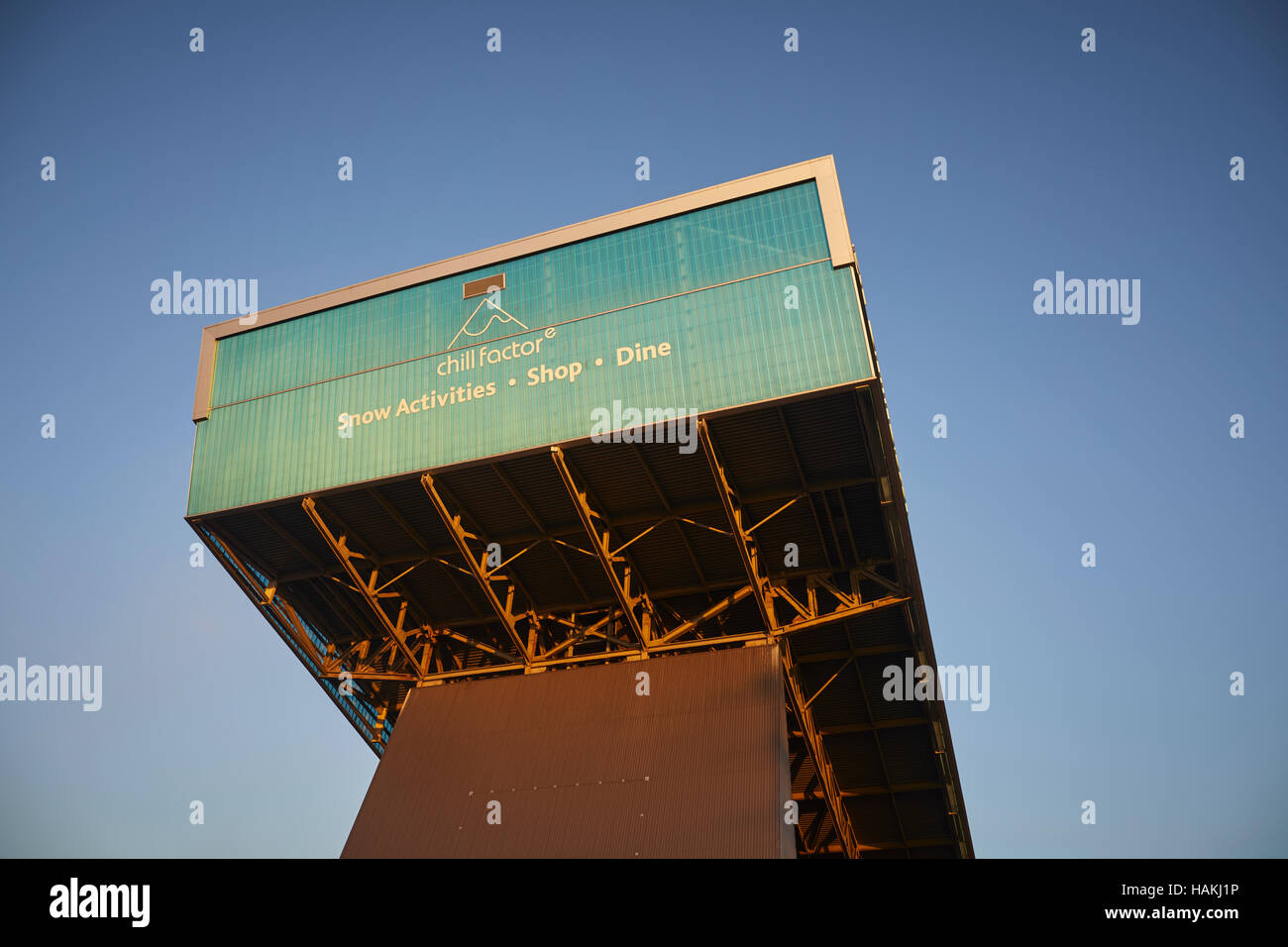 Exterior of Cill Factore, an indoor ski slope centre at Trafford Park ...
