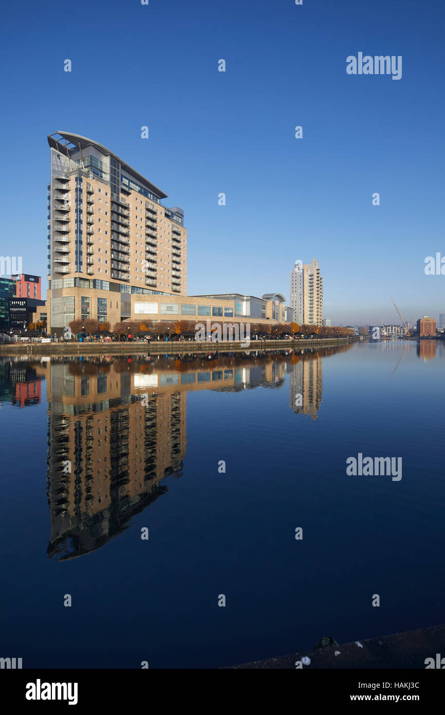 Salford Quays Manchester Lowry Outlet mall Blue sky sunny docks basin ...