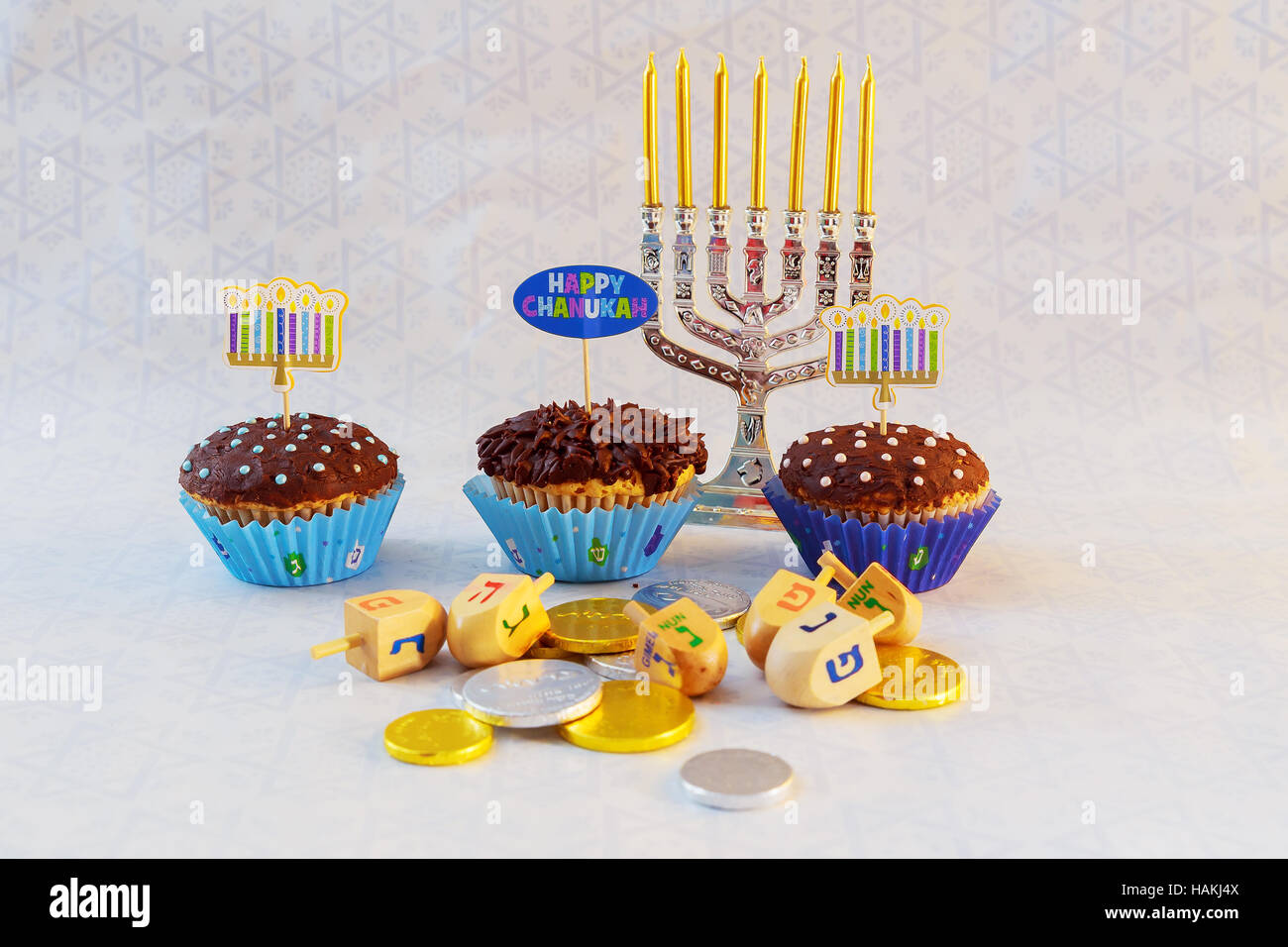 Jewish holiday hannukah symbols - menorah, donuts, chocolate coins and ...