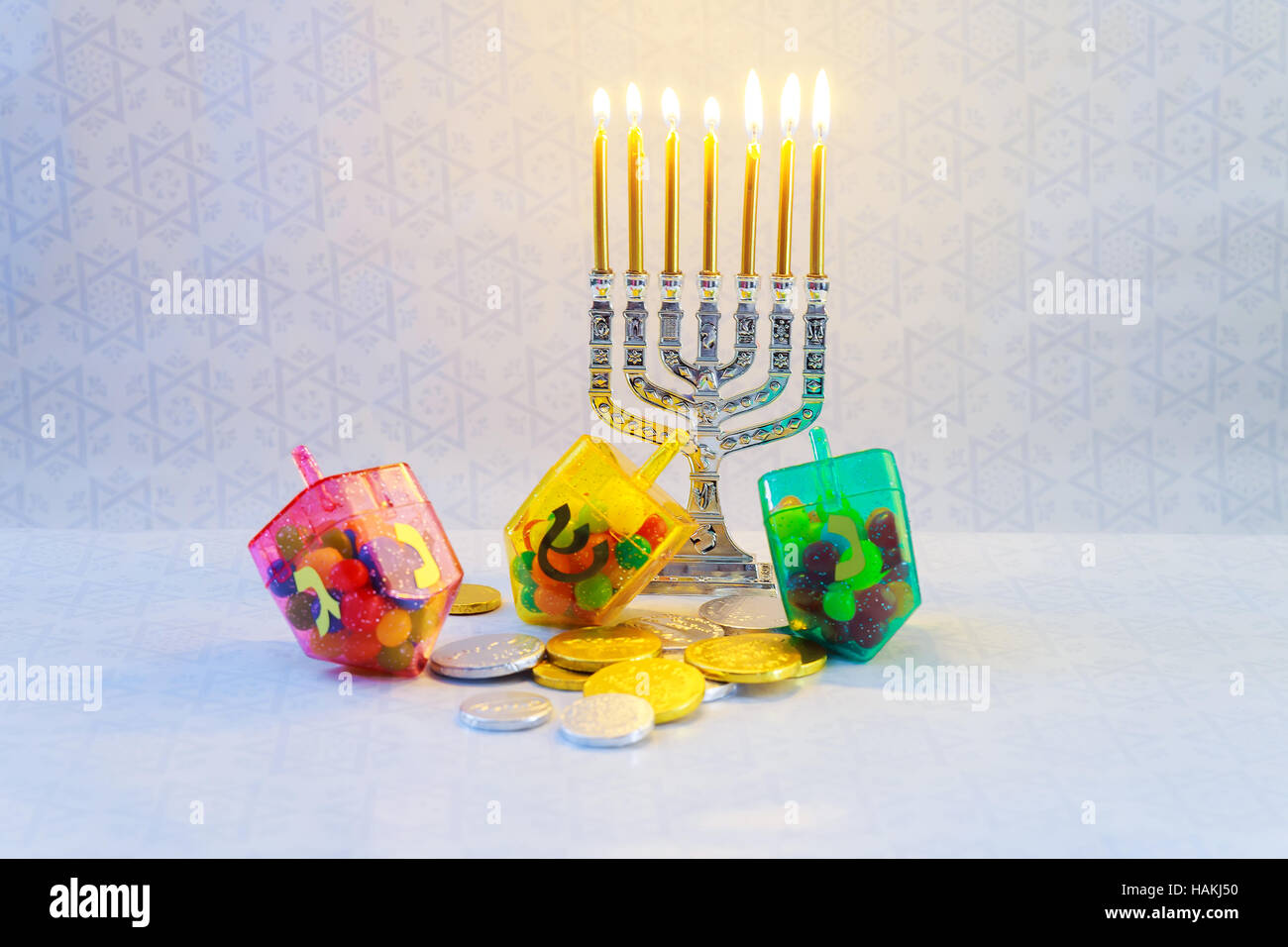 Jewish holiday hannukah symbols - menorah, donuts, chocolate coins and ...