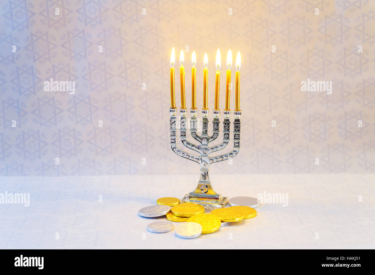 Jewish holiday hannukah symbols - menorah, donuts, chocolate coins and ...