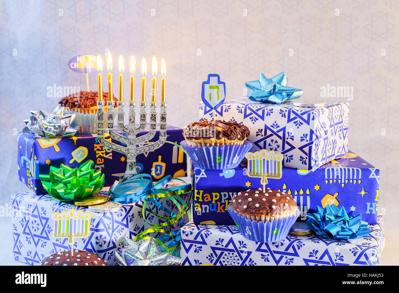 Jewish holiday hannukah symbols - menorah, donuts, chocolate coins and ...
