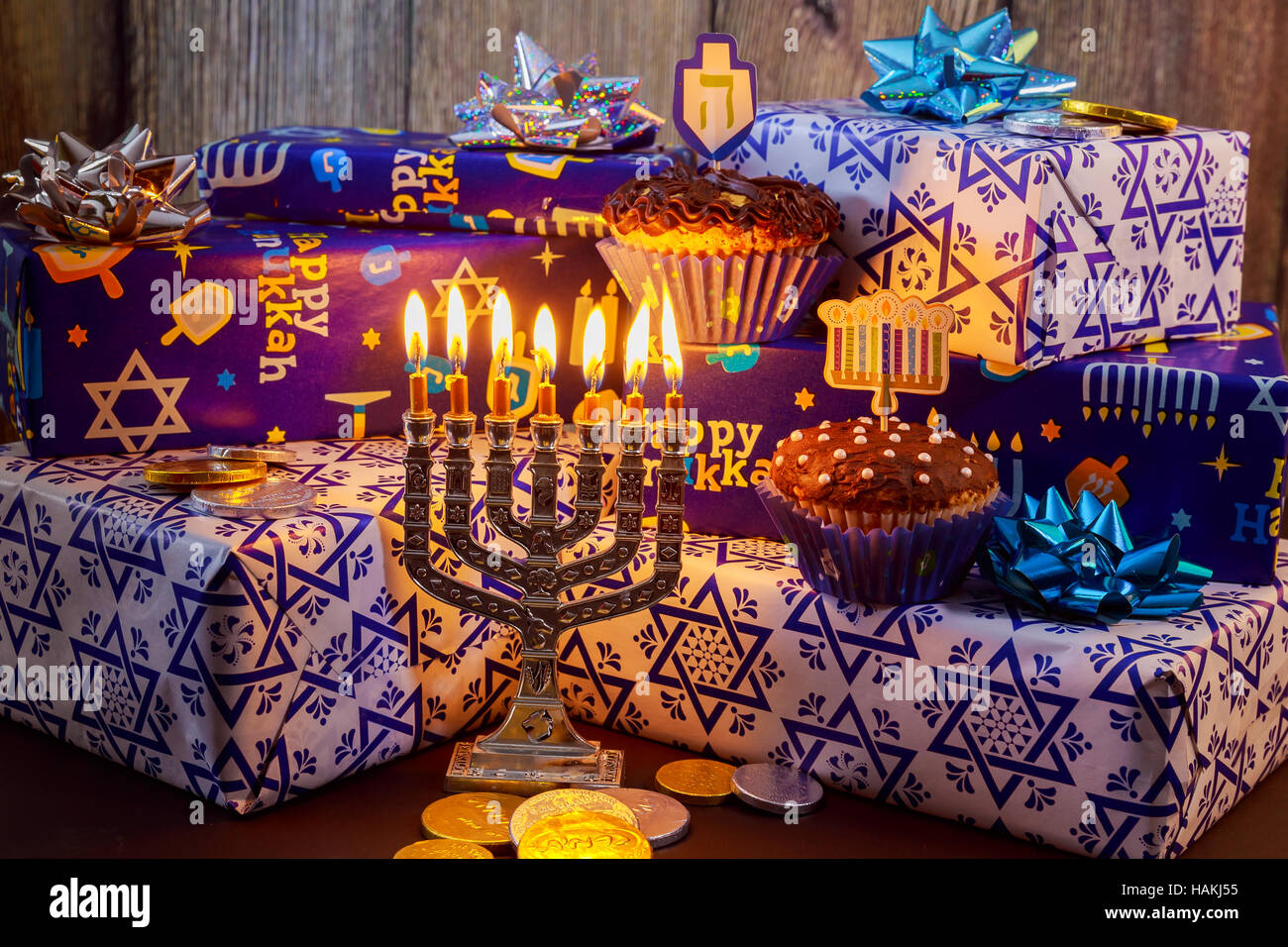 Jewish holiday hannukah symbols - menorah, donuts, chocolate coins and ...