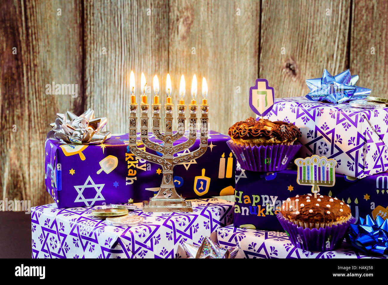 Jewish holiday hannukah symbols - menorah, donuts, chocolate coins and ...