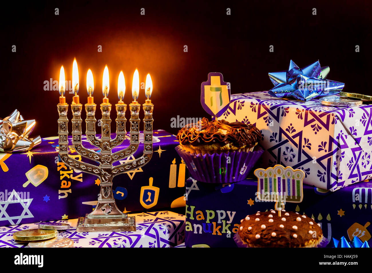 Jewish holiday hannukah symbols - menorah, donuts, chocolate coins and ...