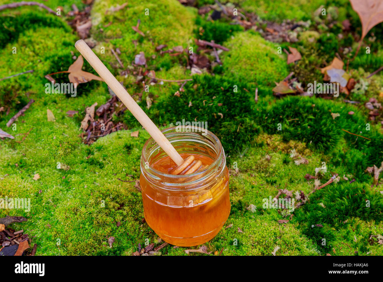 Full honey pot and stick with summer flowers on rustic Stock Photo - Alamy