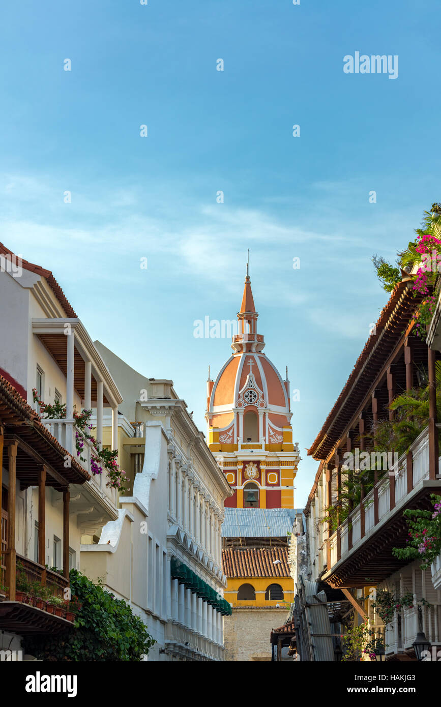 Vertical view of rows of balconies leading to the colorful cathedral in ...